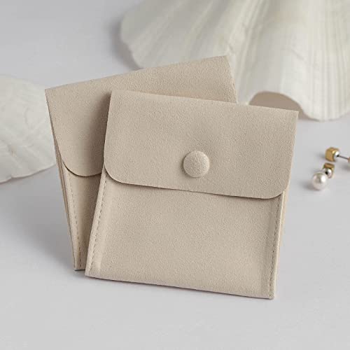 PandaSew Microfiber Jewelry Pouch, 20pcs 8x8cm Luxury Small Jewelry Gift Bag Package Snap Button with Divider Beige
