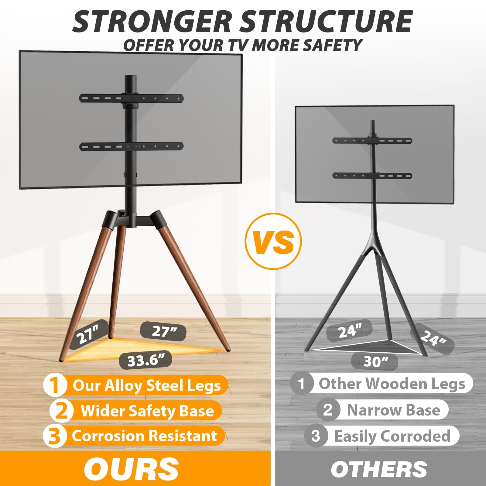TVON Easel TV Stand with Tripod Base for 37–65 Inch Flat/Curved Screen TVs up to 77 lbs, Height Adjustable TV Floor Stand with Cable Ties and 100° Swivel for Bedroom, Living Room, Studio, Brown