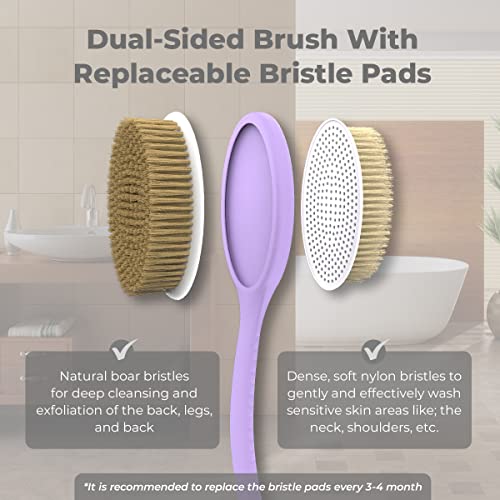 Avilana Shower Body Brush with Long Curved Handle, Long Silicone Handle Back Scrubber With Dual-Sided Long Handle Bath Shower Brush with Soft and Stiff Bristles (Long Handle-Dark Gray)