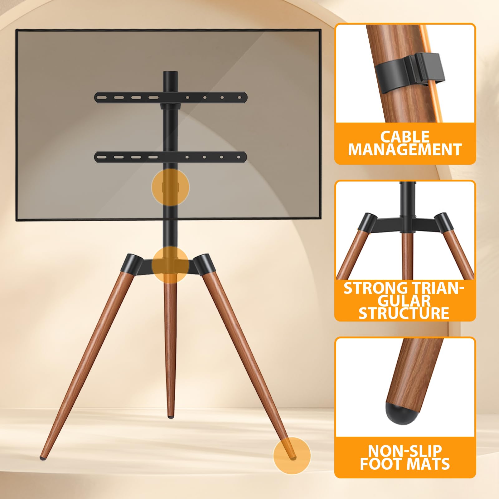 TVON Easel TV Stand with Tripod Base for 37–65 Inch Flat/Curved Screen TVs up to 77 lbs, Height Adjustable TV Floor Stand with Cable Ties and 100° Swivel for Bedroom, Living Room, Studio, Brown