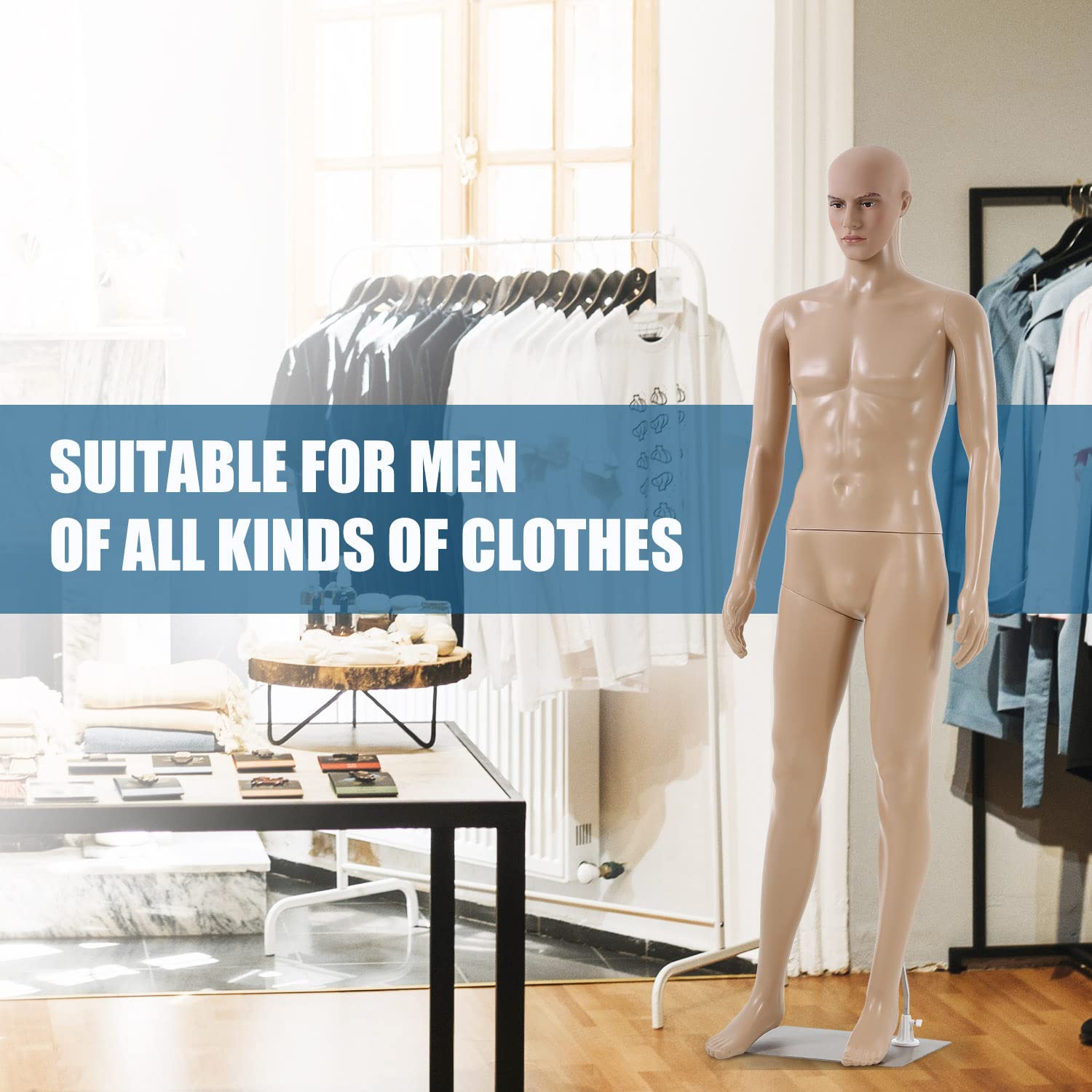 NChanmar Male Mannequin Full Body,Mannequin Body Dress Form 73 Inches Stand Adjustable Model Realistic Head Arm Rotation Metal Base