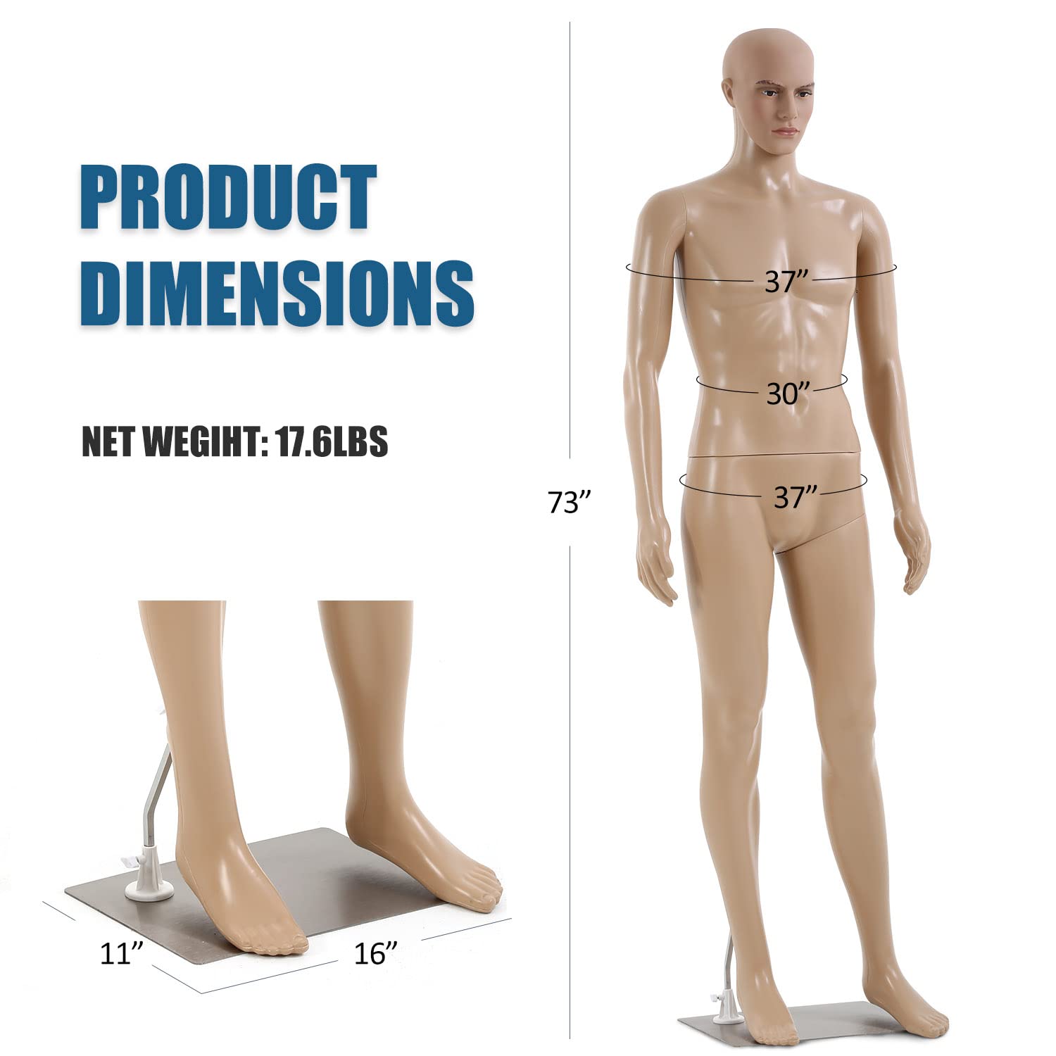NChanmar Male Mannequin Full Body,Mannequin Body Dress Form 73 Inches Stand Adjustable Model Realistic Head Arm Rotation Metal Base