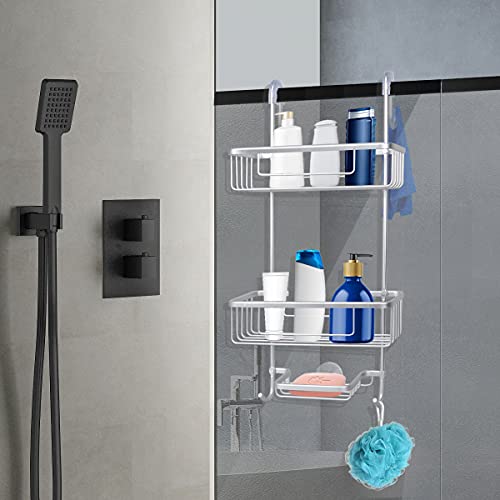 Duwee Over The Door Shower Caddy, NeverRust Aluminum Over the Shower Door Caddy, Hanging Shower Caddy for Shampoo Conditioner, 3 Tier Bathroom Shelf Organizer with Hooks for Razors Towels(Silver)