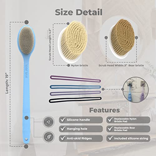 Avilana Shower Body Brush with Long Curved Handle, Long Silicone Handle Back Scrubber With Dual-Sided Long Handle Bath Shower Brush with Soft and Stiff Bristles (Long Handle-Dark Gray)