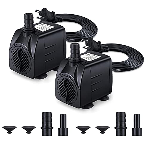 CWKJ Fountain Pump, 2 Packs 160GPH(10W 600L/H) Submersible Water Pump, Durable Outdoor Fountain Water Pump with 7.2ft(2.2m)Power Cord, 3 Nozzles for Aquarium, Pond, Fish Tank, Water Fountain Pump