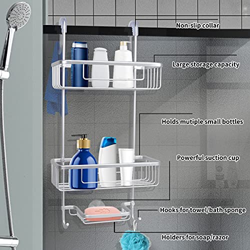 Duwee Over The Door Shower Caddy, NeverRust Aluminum Over the Shower Door Caddy, Hanging Shower Caddy for Shampoo Conditioner, 3 Tier Bathroom Shelf Organizer with Hooks for Razors Towels(Silver)
