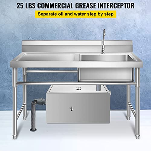 VEVOR 25LB Commercial Grease Trap, 13GPM Commercial Grease Interceptor, Stainless Steel Grease Trap w/Top & Side Inlet, Under Sink Grease Trap for Restaurant Factory Home Kitchen