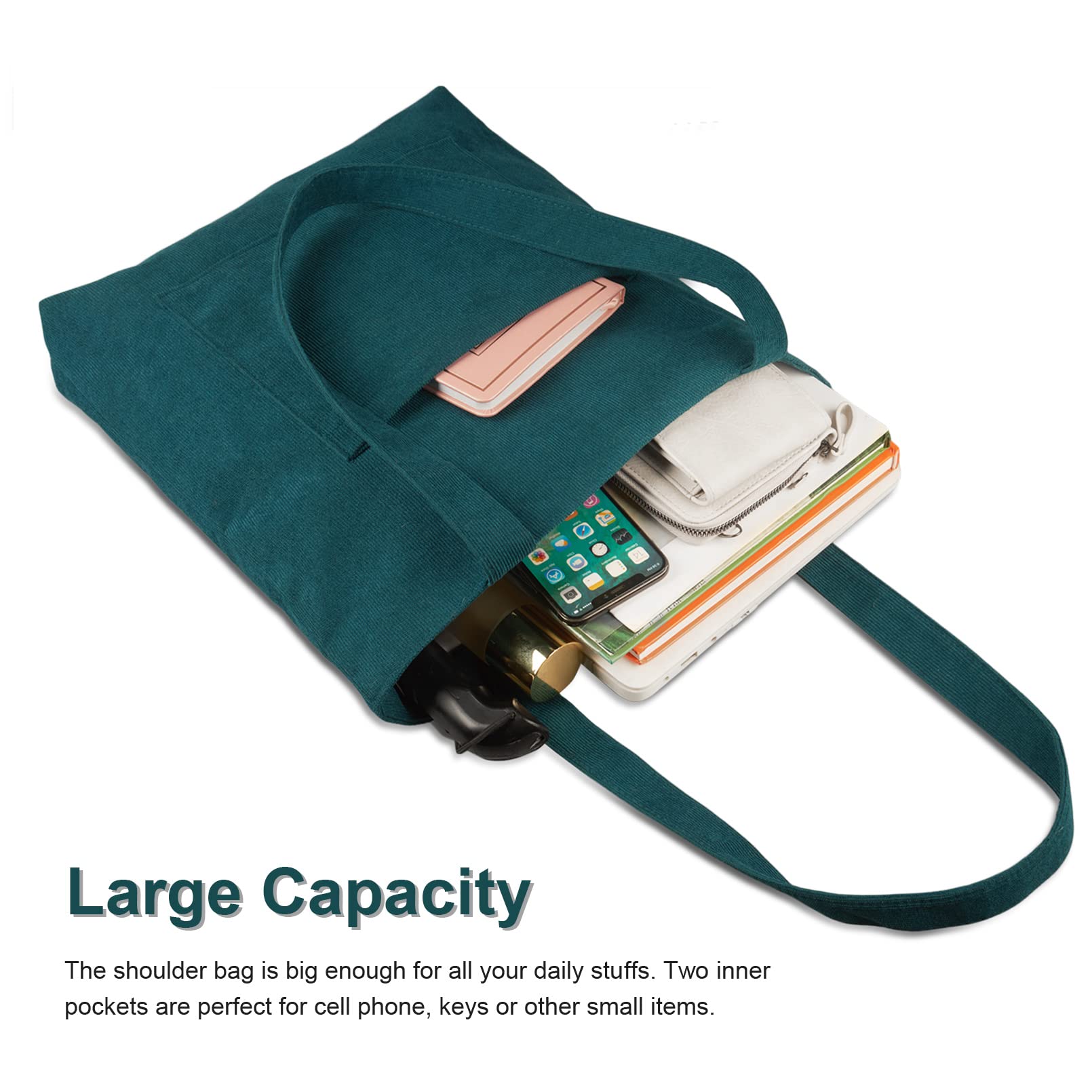 Kememo Corduroy Tote Bag with Zip, Shoulder Bag Women's Hobos Handbags Large Capacity Shopping Bag with Inner Pocket, Green