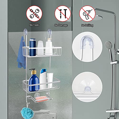 Duwee Over The Door Shower Caddy, NeverRust Aluminum Over the Shower Door Caddy, Hanging Shower Caddy for Shampoo Conditioner, 3 Tier Bathroom Shelf Organizer with Hooks for Razors Towels(Silver)