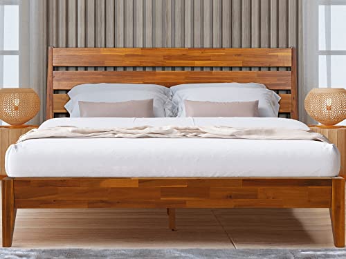 Acacia Emery Bed Frame with Headboard Solid Wood Platform Bed, Bed Frame King, Scandinavian Signature Wood Bed Compatible with All Mattresses, Non-Slip and Noise-Free, Caramel