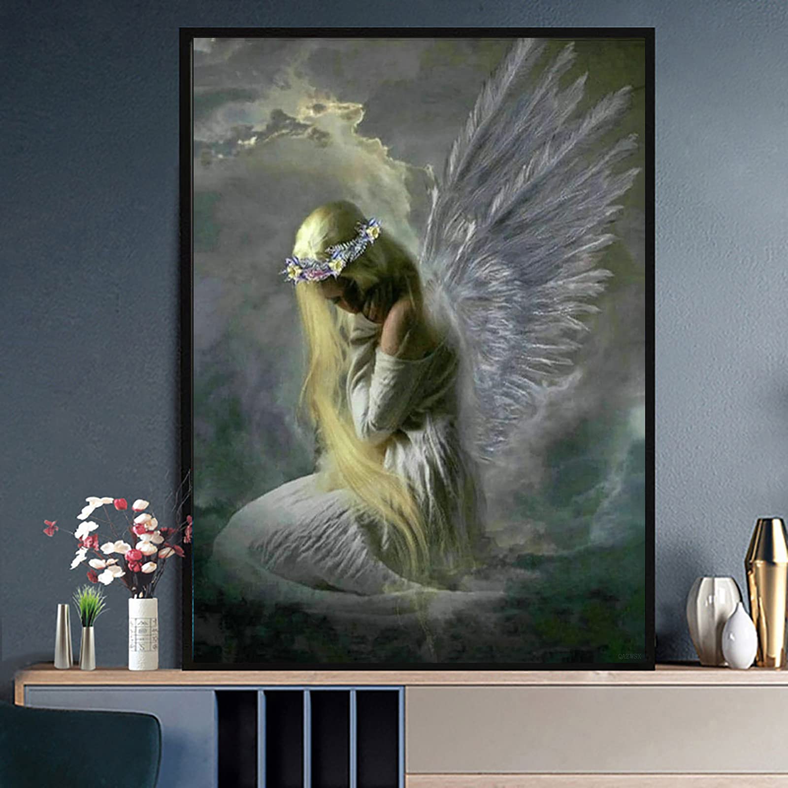 Fairy Angel Girl Sad Angel DIY 5D Diamond Painting Kits Full Drill, Diamond Painting Kits for Adults, Crystal Embroidery Cross Stitch Mosaics Art for Home Wall Decoration Round Drill 30x40cm