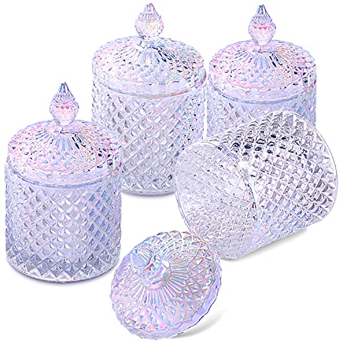 LUXETA Multi-Use Luxury Glass Apothecary Jars Embossed Candle Making Containers with Lids Home Décor Organizer for Vanity Kitchen Living Bathrooms Candy jar Decorative Votive Holders.4 Pcs -10 oz.