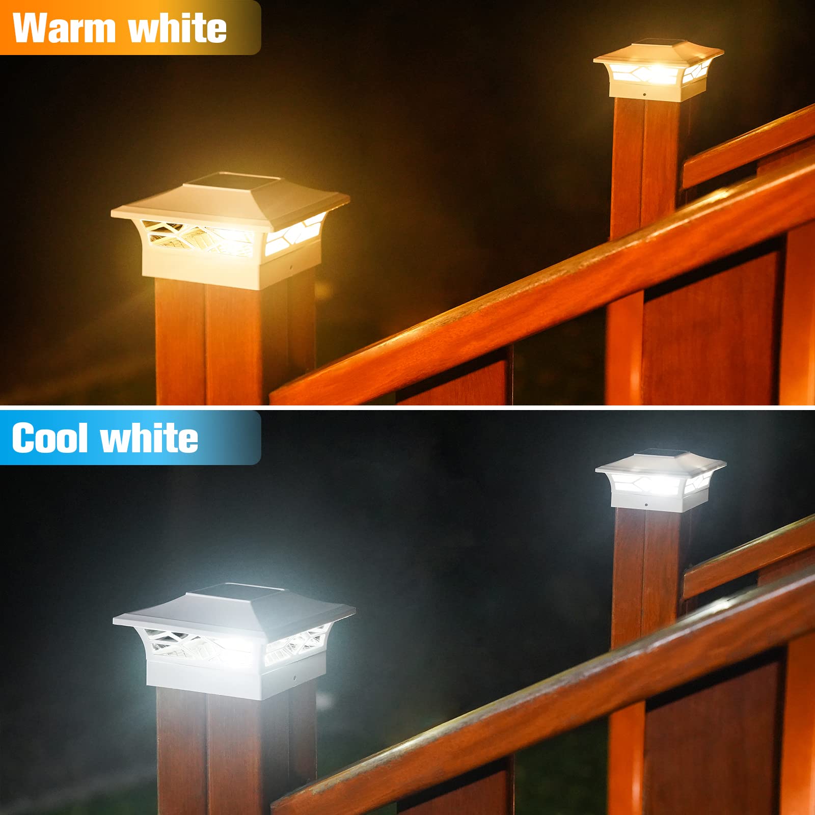 VOLISUN Solar Post Cap Lights,6Pack Outdoor Fence Post Cap Lights, White/Black Solar Powered Deck Lights for Dock Waterproof 2 Color Modes,4x4/6x6 Wooden/Vinyl Posts