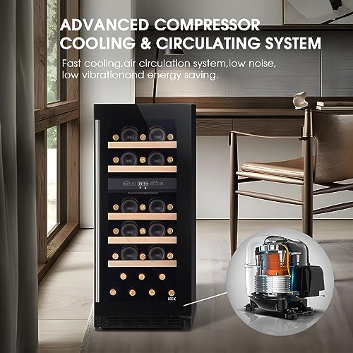 HCK Wine Fridge Dual Zone, Wine Cooler Refrigerator 15 Inch, 29 Bottle, Built-In or Freestanding Under Counter Wine Fridge with LED Light for Wine, Champagne, Home, Kitchen, Office
