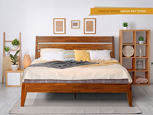Acacia Emery Bed Frame with Headboard Solid Wood Platform Bed, Bed Frame King, Scandinavian Signature Wood Bed Compatible with All Mattresses, Non-Slip and Noise-Free, Caramel