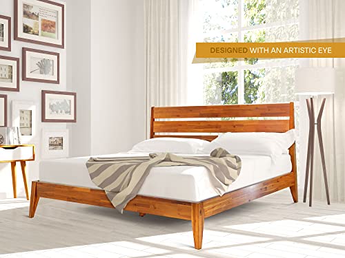 Acacia Emery Bed Frame with Headboard Solid Wood Platform Bed, Bed Frame King, Scandinavian Signature Wood Bed Compatible with All Mattresses, Non-Slip and Noise-Free, Caramel