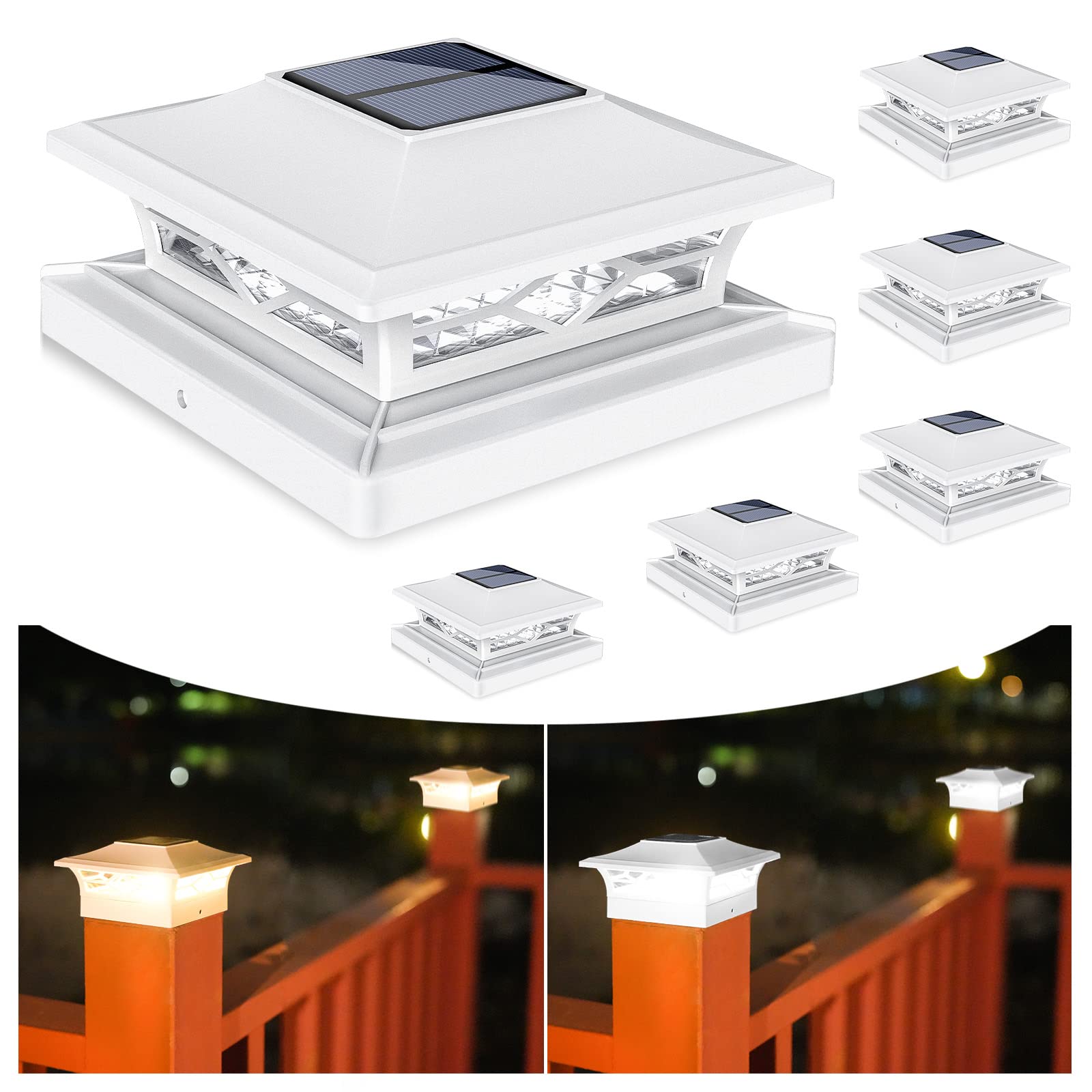 VOLISUN Solar Post Cap Lights,6Pack Outdoor Fence Post Cap Lights, White/Black Solar Powered Deck Lights for Dock Waterproof 2 Color Modes,4x4/6x6 Wooden/Vinyl Posts