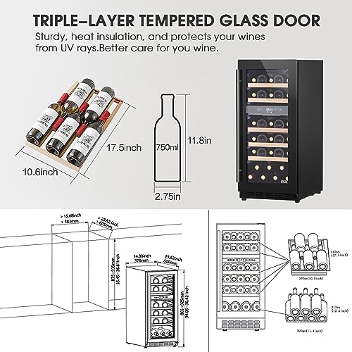 HCK Wine Fridge Dual Zone, Wine Cooler Refrigerator 15 Inch, 29 Bottle, Built-In or Freestanding Under Counter Wine Fridge with LED Light for Wine, Champagne, Home, Kitchen, Office