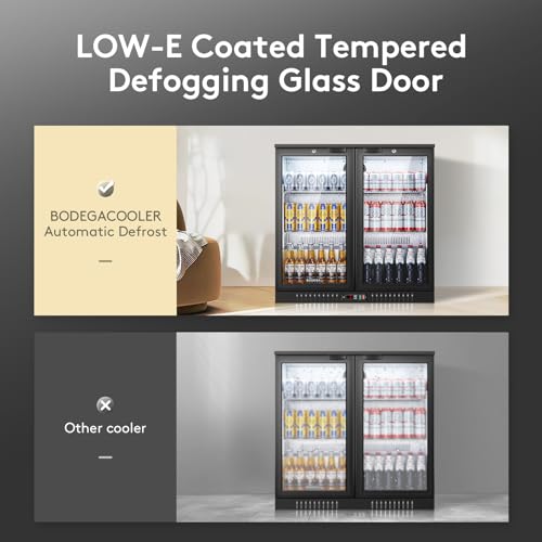 BODEGACOOLER Back Bar Cooler With 2 Glass Doors,Commercial Bar Cooler Under Counter7.4Cu.Ft,Back Bar Fridge, Beverage Bar Refrigerator with LED Lighting for Display Beverage,for Beer,Soda Drinks,Wine