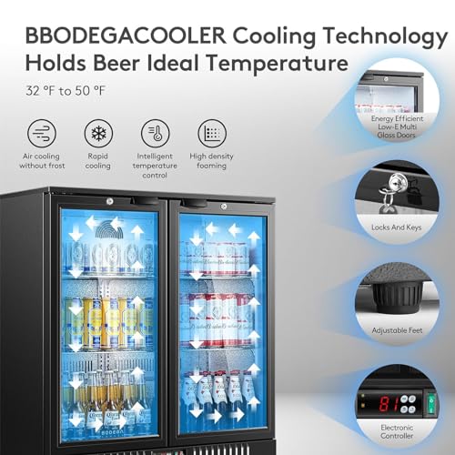 BODEGACOOLER Back Bar Cooler With 2 Glass Doors,Commercial Bar Cooler Under Counter7.4Cu.Ft,Back Bar Fridge, Beverage Bar Refrigerator with LED Lighting for Display Beverage,for Beer,Soda Drinks,Wine