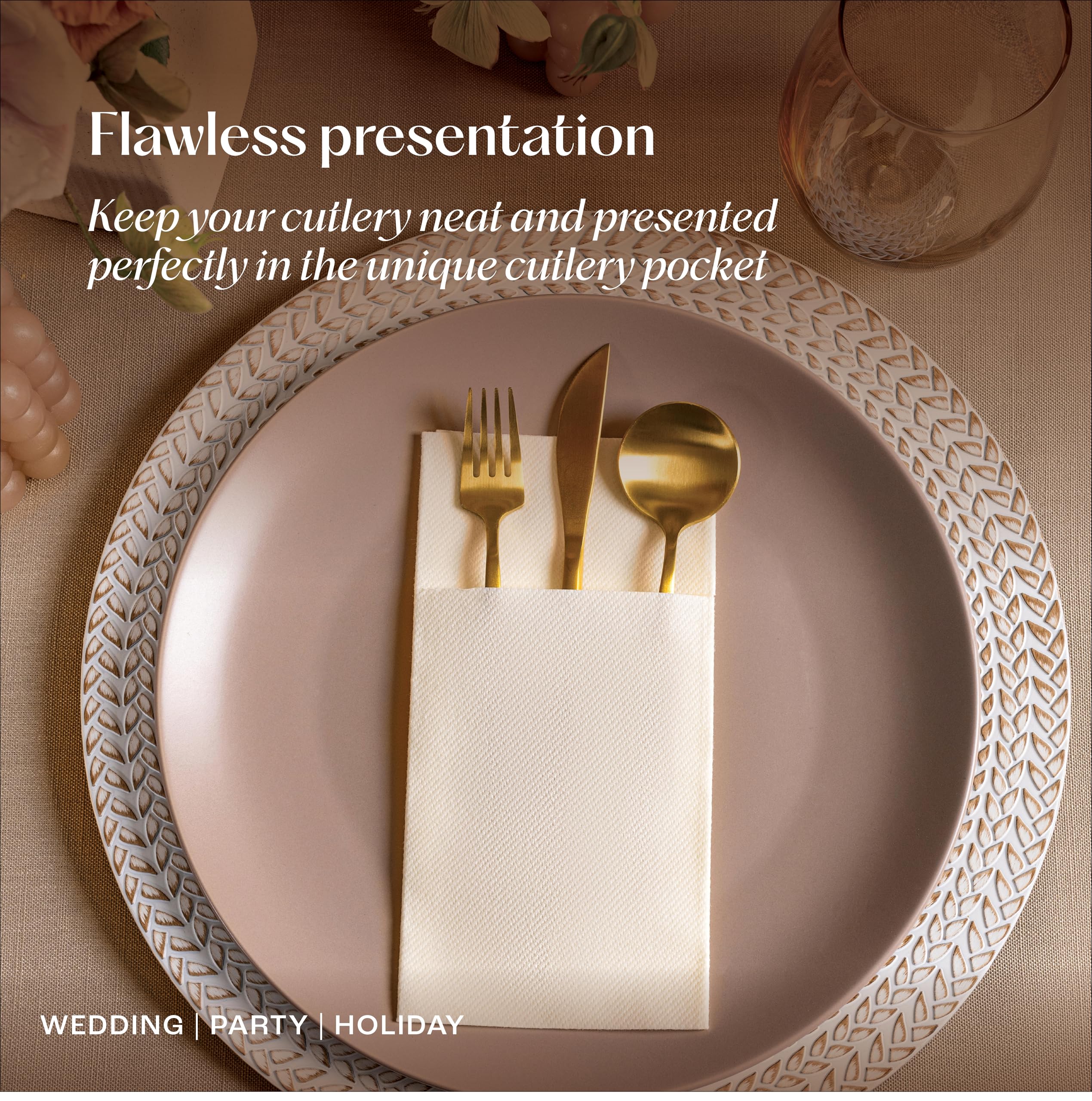 50-Pack Disposable Linen-Feel Dinner Napkins With Built-in Flatware Pocket, BLUE Prefolded Cloth Like Paper Napkins For Wedding, Dinner Or Party