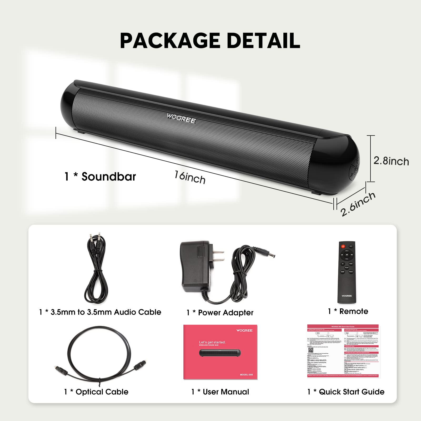wogree 16 Inches Small Sound Bars for TV, Mini Wireless Bluetooth 5.0 TV Speakers Soundbar with LED Display for Bedroom, Kitchen and Other Small Space