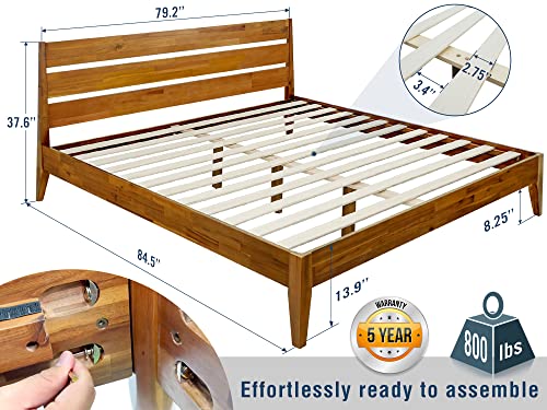 Acacia Emery Bed Frame with Headboard Solid Wood Platform Bed, Bed Frame King, Scandinavian Signature Wood Bed Compatible with All Mattresses, Non-Slip and Noise-Free, Caramel