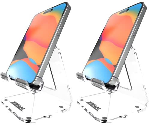 ZAW Acrylic Cell Phone Stand, Office Desk Accessories Clear Phone Stand for Desk, 4MM Acrylic Phone Holder, Compatible with iPhone 14 Pro, Samsung S21 S20 Smartphones (2xPack)