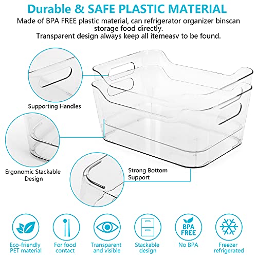 Refrigerator Organizer Bins Storage Clear Plastic BPA Free Storage Containers with Handles for Fridge, Freezer, Cabinet, Kitchen, Bathroom, Pantry