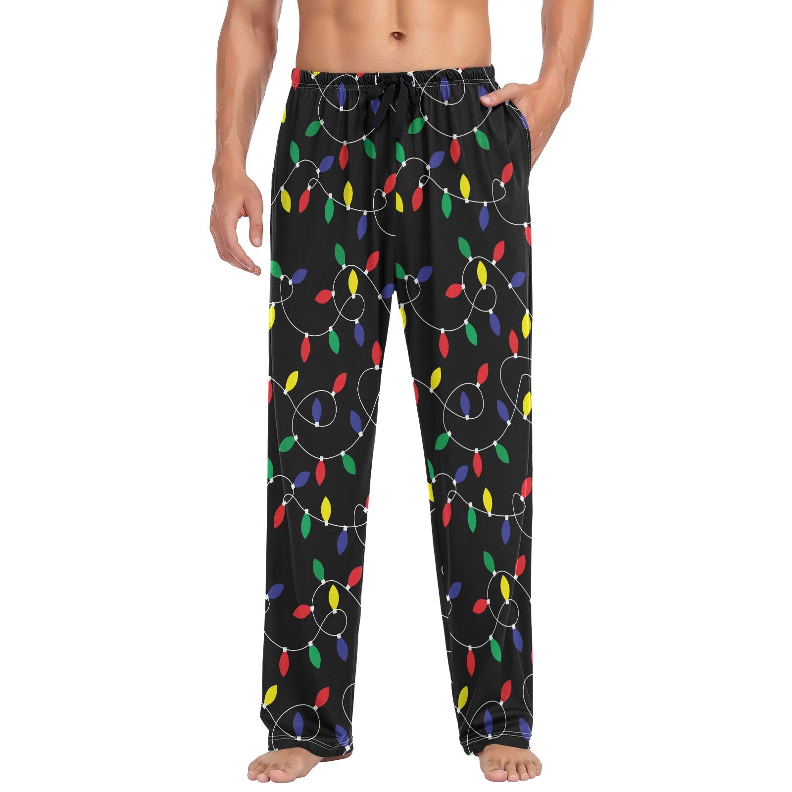 Ollabaky Christmas Pajama Pants for Men Xmas Light Bulb Men's PJs Bottoms Sleep Lounge Pants with Pockets, XL