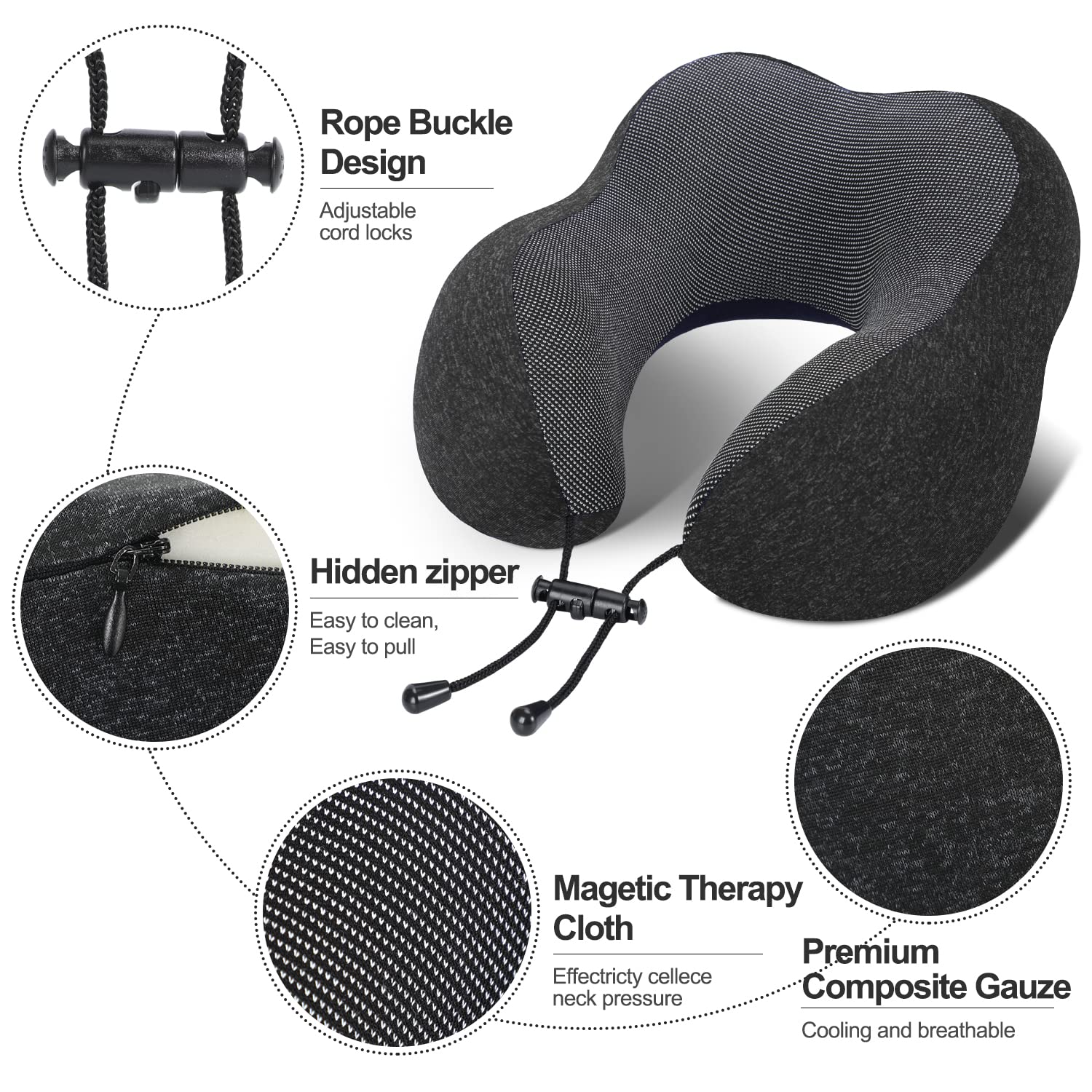 DEPAJA Neck Pillow for Travel, 100% Pure Memory Foam Soft Pillow for Airplane Sleeping U Shaped Pillow for Head, Chin Support, Rest Pillow for Flights, Office, Car & Home Recliner (Black)