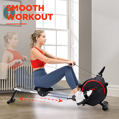 Winfita Magnetic Rower Machine, Foldable Rowing Machine for Home Use with 16 Levels of Quiet Magnetic Resistance, LCD Monitor, Tablet Holder, Oversize Seat Cushion, App Supported