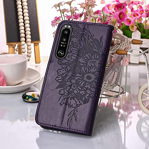 Butterfly Leather Case for Sony Xperia 1 III with Credit Card Holder Slots Kickstand Flip Folio Leather Magnetic Wallet Case with Wirst Strap Case for Sony Xperia 1 III
