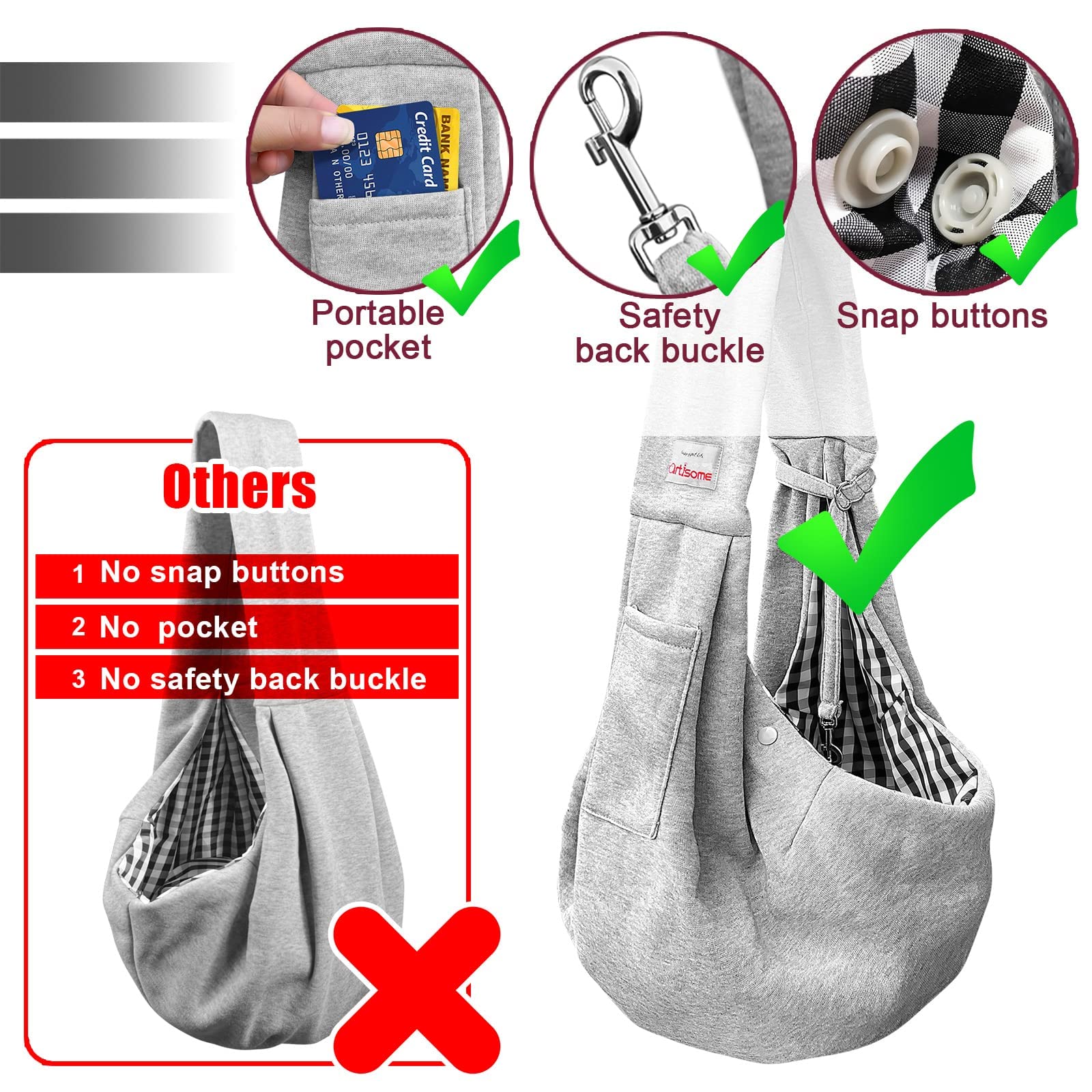 artisome Pet Dog Sling Carrier for 3-10 lbs pet,Dog Purse Pouch,Dog Satchel,Reversible unadjustable Strap Travel Hand-Free Safe Bag Small Puppy Backpack (Grey)