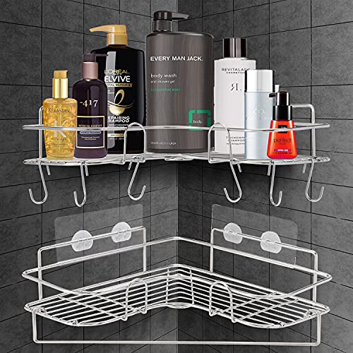 2 Pack Corner Shower Caddy Shelf, No Drilling Heavy Duty Corner Shower Basket Adhesive Stainless Steel Bathroom Shower Organizer for Kitchen, Bathroom, Toilet