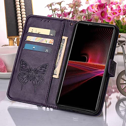 Butterfly Leather Case for Sony Xperia 1 III with Credit Card Holder Slots Kickstand Flip Folio Leather Magnetic Wallet Case with Wirst Strap Case for Sony Xperia 1 III
