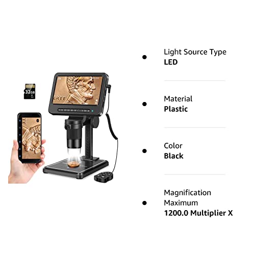 5" Coin Microscope 1200X with 32GB SD Card,Leipan 1080P Wireless LCD Digital Microscope with 8 LED Lights,PC View,Photo/Video Capture for Kids Adults,Compatible with Windows iPhone Android iPad