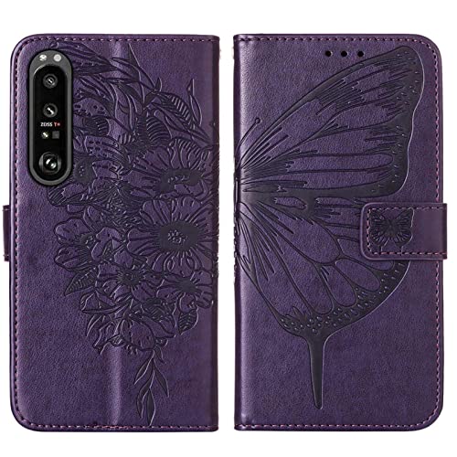 Butterfly Leather Case for Sony Xperia 1 III with Credit Card Holder Slots Kickstand Flip Folio Leather Magnetic Wallet Case with Wirst Strap Case for Sony Xperia 1 III