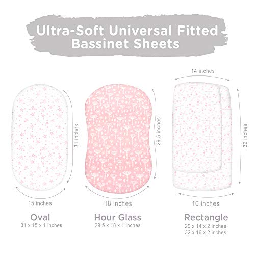 Baby Bassinet Sheet Set for Boy and Girl, 3 Pack, Universal Fitted for Oval, Hourglass & Rectangle Bassinet Mattress, Fitted Sheets Size 32 x 16 x 4 Inches, Pink Stars