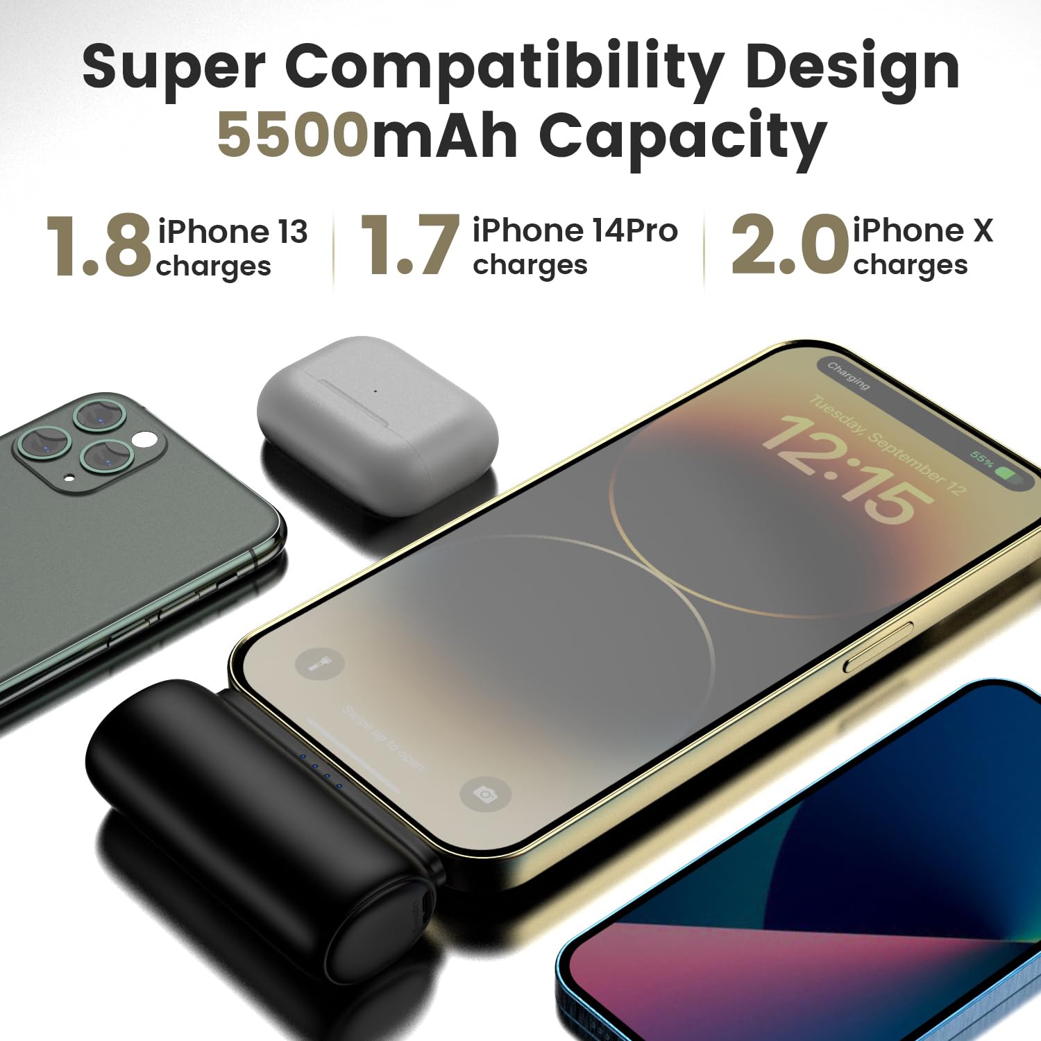 HUAENG Small Portable Charger 5500mAh Power Bank Plug in iOS Connector, 18W PD Fast Charging External Battery Pack Compatible with All iPhone 14 13 12 11 pro max xs iPad and Airpods-Black