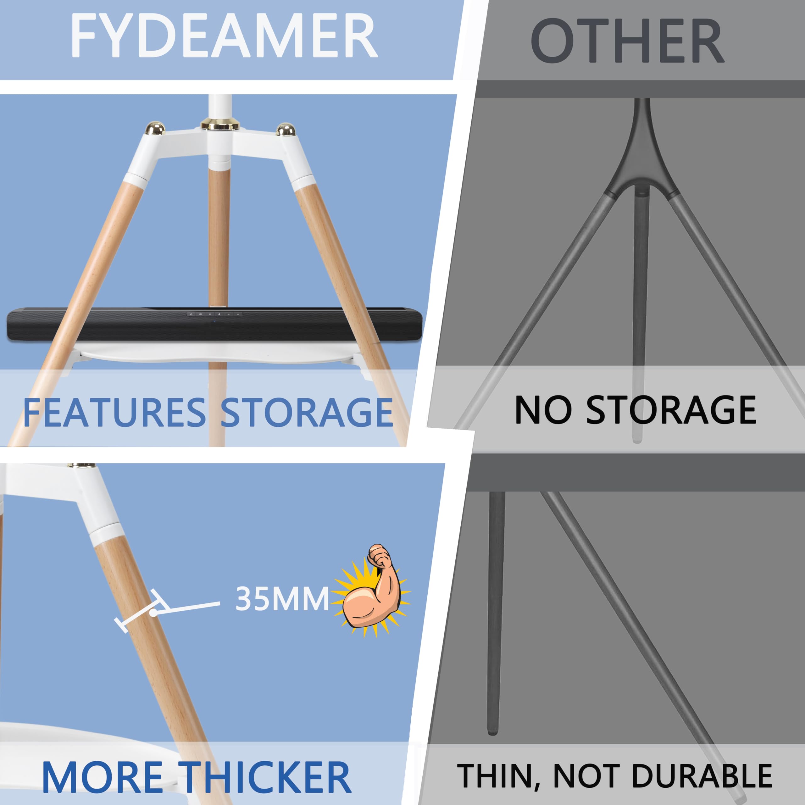 Fydeamer Universal Tripod Easel TV Stand for 32-65 inch LED LCD Screen Flat Curved Screen, Height Adjustable Studio TV Display Stand with 140° Swivel for Bedroom, Living Room, Corner TV Stand (White)