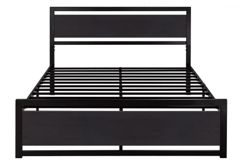 SHA CERLIN Full Size Bed Frame with Modern Wooden Headboard/Heavy Duty Platform Metal Bed Frame with Square Frame Footboard & 13 Strong Metal Slats Support/No Box Spring Needed, Black