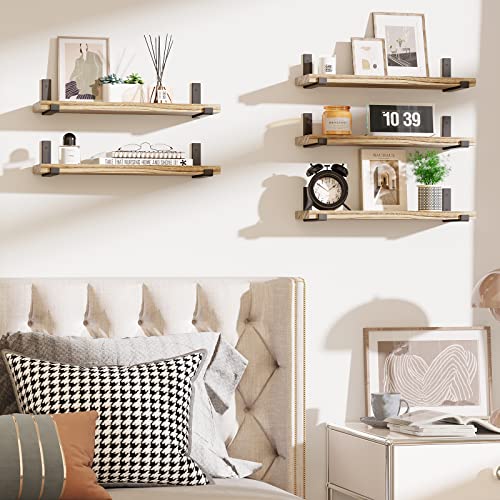 Fixwal Floating Shelves Set of 5, Width 4.7 Inches Wall Shelves, Rustic Wood Wall Storage Shelves for Bedroom, Living Room, Kitchen, Bathroom, Home Decor, Office and Plants (Carbonized Black)