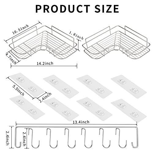 2 Pack Corner Shower Caddy Shelf, No Drilling Heavy Duty Corner Shower Basket Adhesive Stainless Steel Bathroom Shower Organizer for Kitchen, Bathroom, Toilet