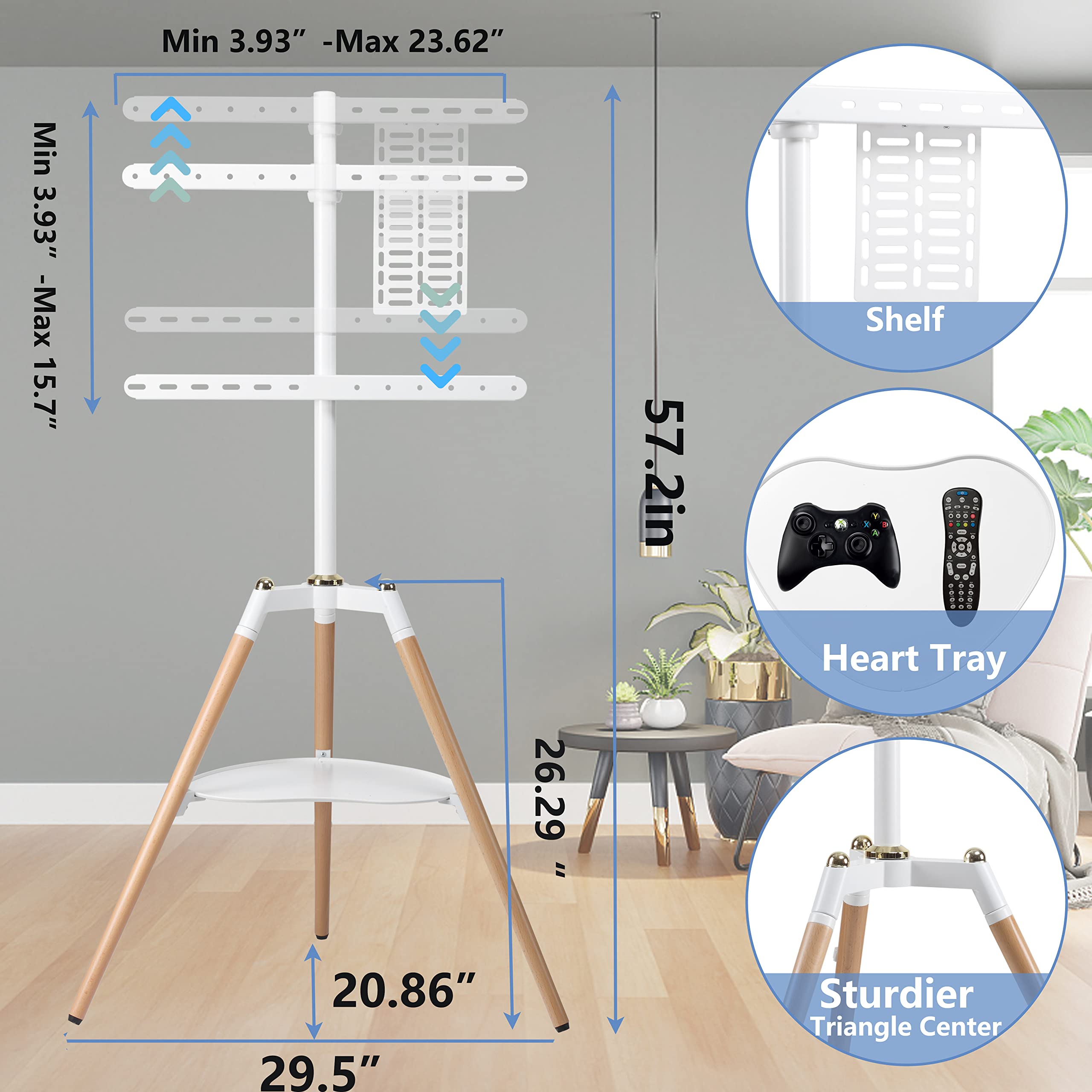 Fydeamer Universal Tripod Easel TV Stand for 32-65 inch LED LCD Screen Flat Curved Screen, Height Adjustable Studio TV Display Stand with 140° Swivel for Bedroom, Living Room, Corner TV Stand (White)