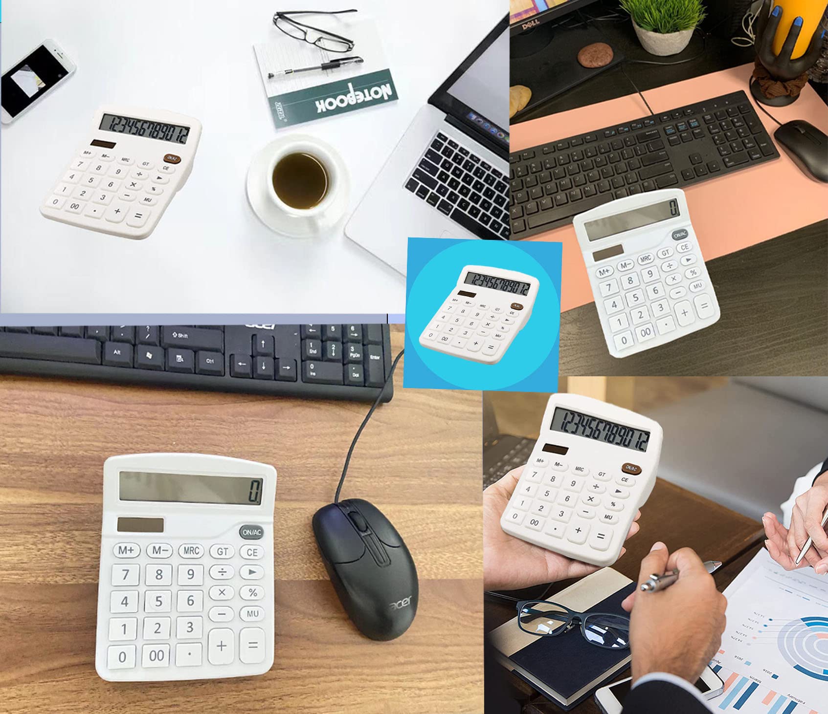 YOUHO Calculator, 12-bit Solar Battery Dual Power Standard Function Electronic Calculator with Large LCD Display Office Calculator White