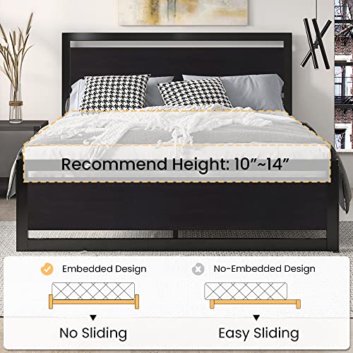 SHA CERLIN Full Size Bed Frame with Modern Wooden Headboard/Heavy Duty Platform Metal Bed Frame with Square Frame Footboard & 13 Strong Metal Slats Support/No Box Spring Needed, Black