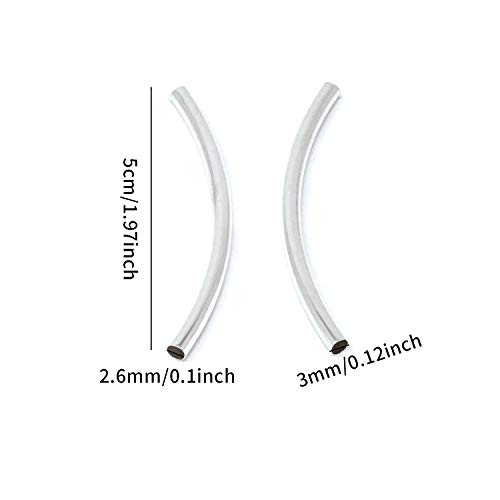 Honbay 50PCS Metal Long Tube Beads Silver Plated Curved Noodle Tube Spacer Beads for Jewelry Craft Making (3x50mm)