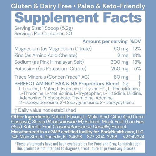BodyHealth PerfectAmino Electrolytes Powder No Sugar, Keto Sugar Free Fasting Electrolytes Drink Mix, Hydration Powder with Trace Minerals - Watermelon - 30 Servings