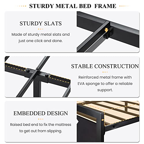 SHA CERLIN Full Size Bed Frame with Modern Wooden Headboard/Heavy Duty Platform Metal Bed Frame with Square Frame Footboard & 13 Strong Metal Slats Support/No Box Spring Needed, Black